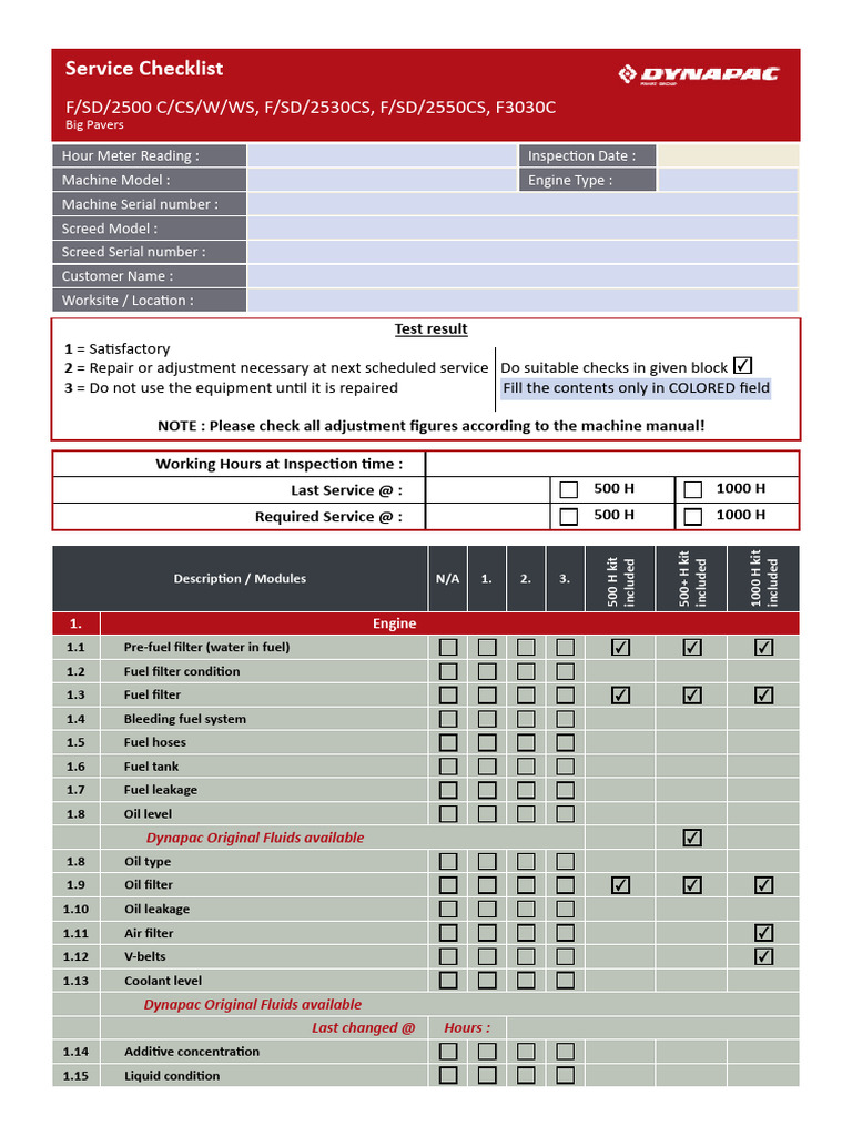 Big Pavers - Service Checklist | PDF | Pump | Land Vehicles