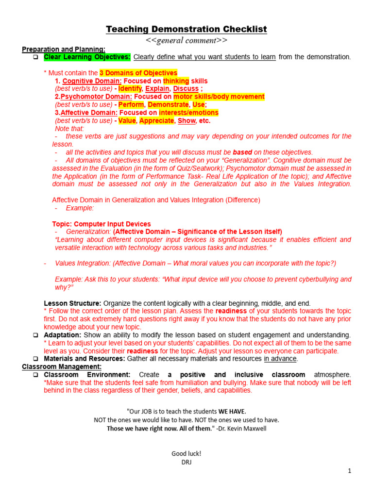 Teaching Demo Checklist | PDF | Affect (Psychology) | Gesture