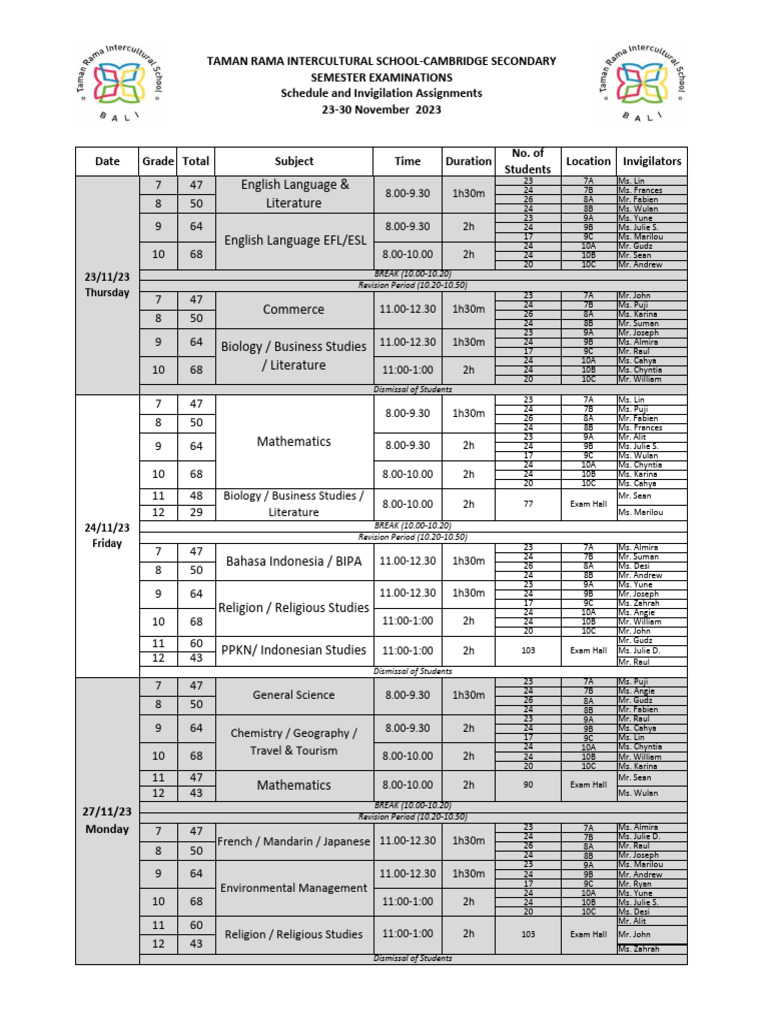 23-24 Sem1 Exam Schedule Vers2 | PDF