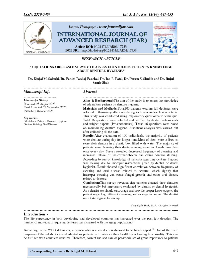 A Questionnaire Based Survey To Assess Edentulous Patients Knowledge ...