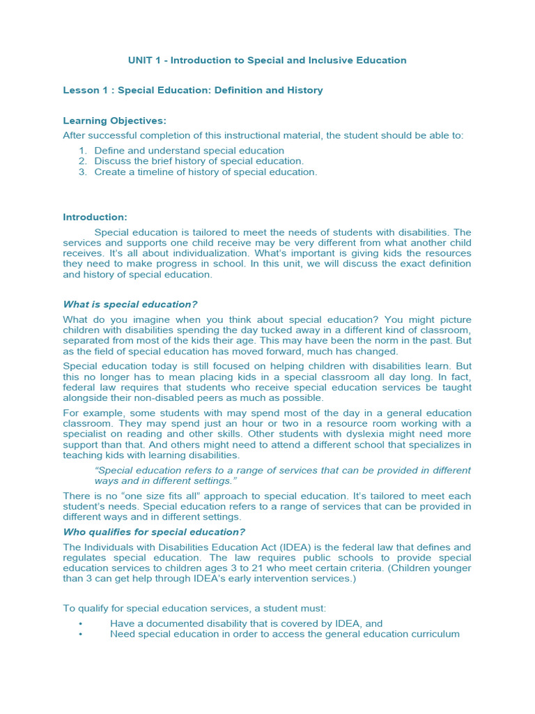 Unit 1 Foundations of Special and Inclusive Education | Download Free PDF | Special Education ...
