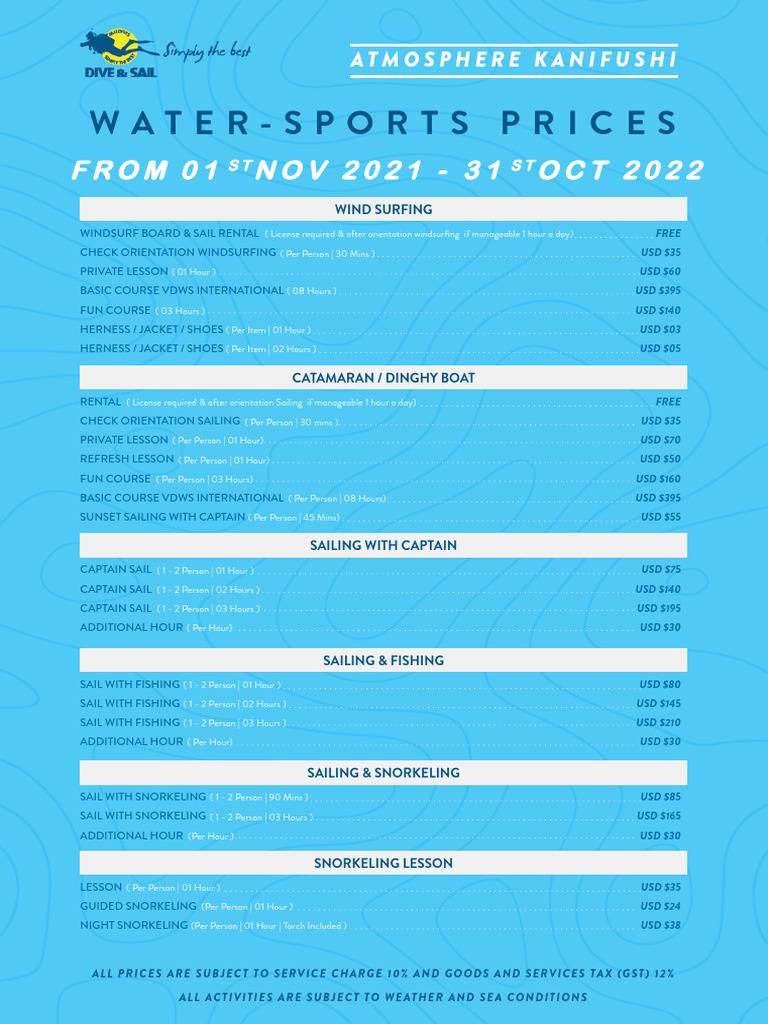 Maldives Water Sport Price List | PDF | Water Sports