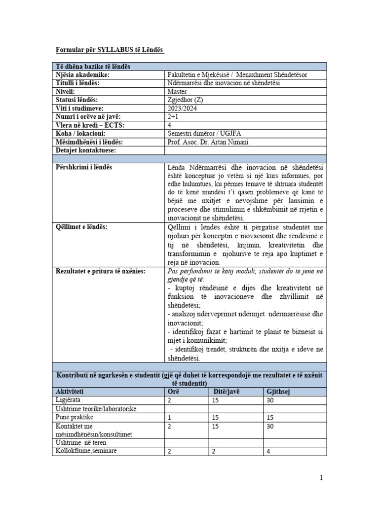 Syllabus - Ndermarrësi Dhe Inovacion Në Shendetësi - Artan Nimani | PDF