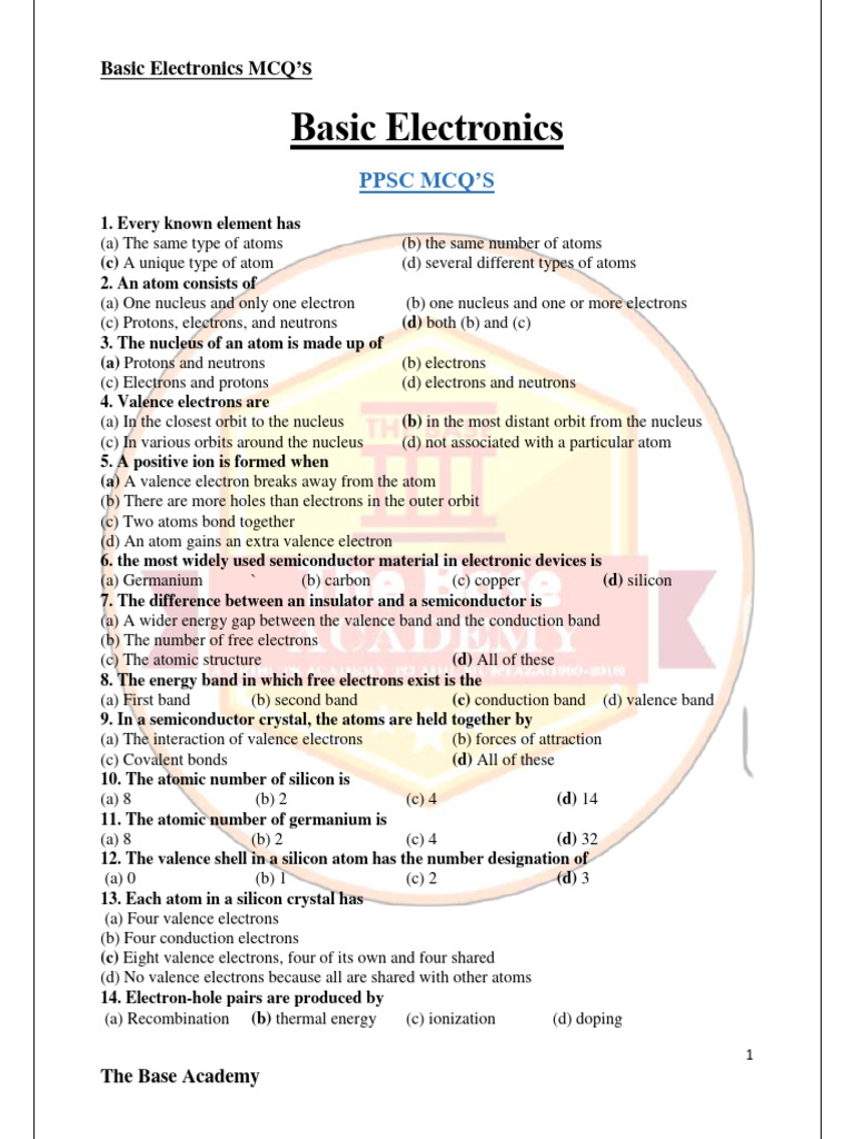 Basic Electronics MCQ's-3 | PDF | Semiconductors | Bipolar Junction Transistor
