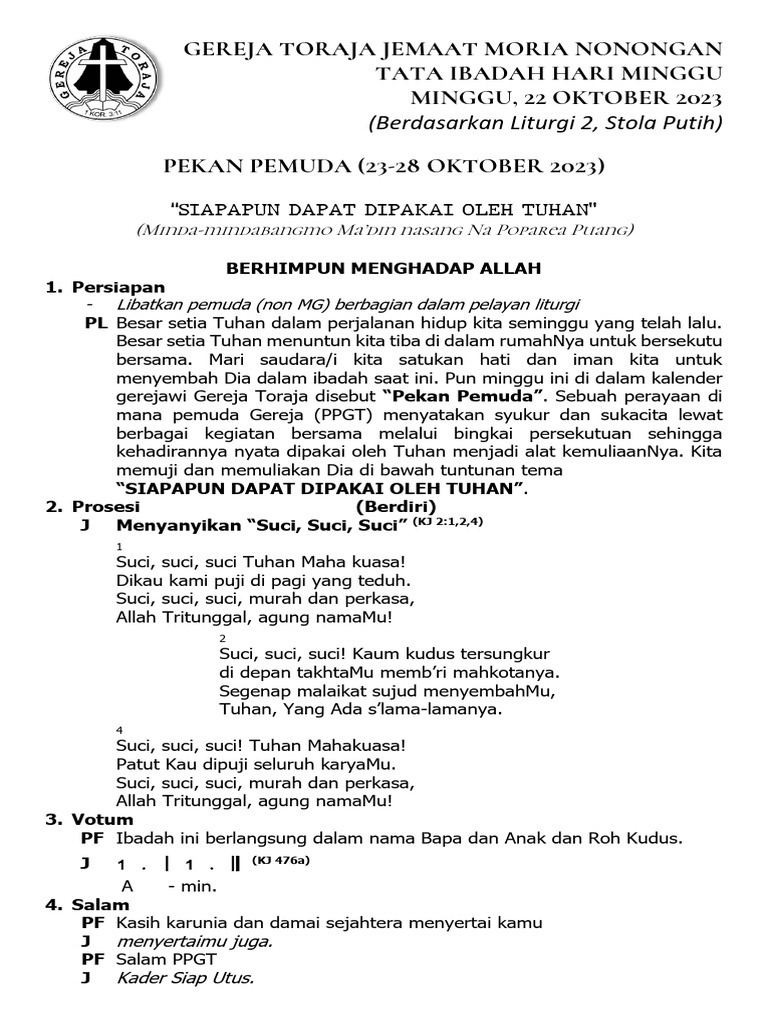 Tata Ibadah Hari Minggu - 22 Oktober 2023 - L2 | PDF