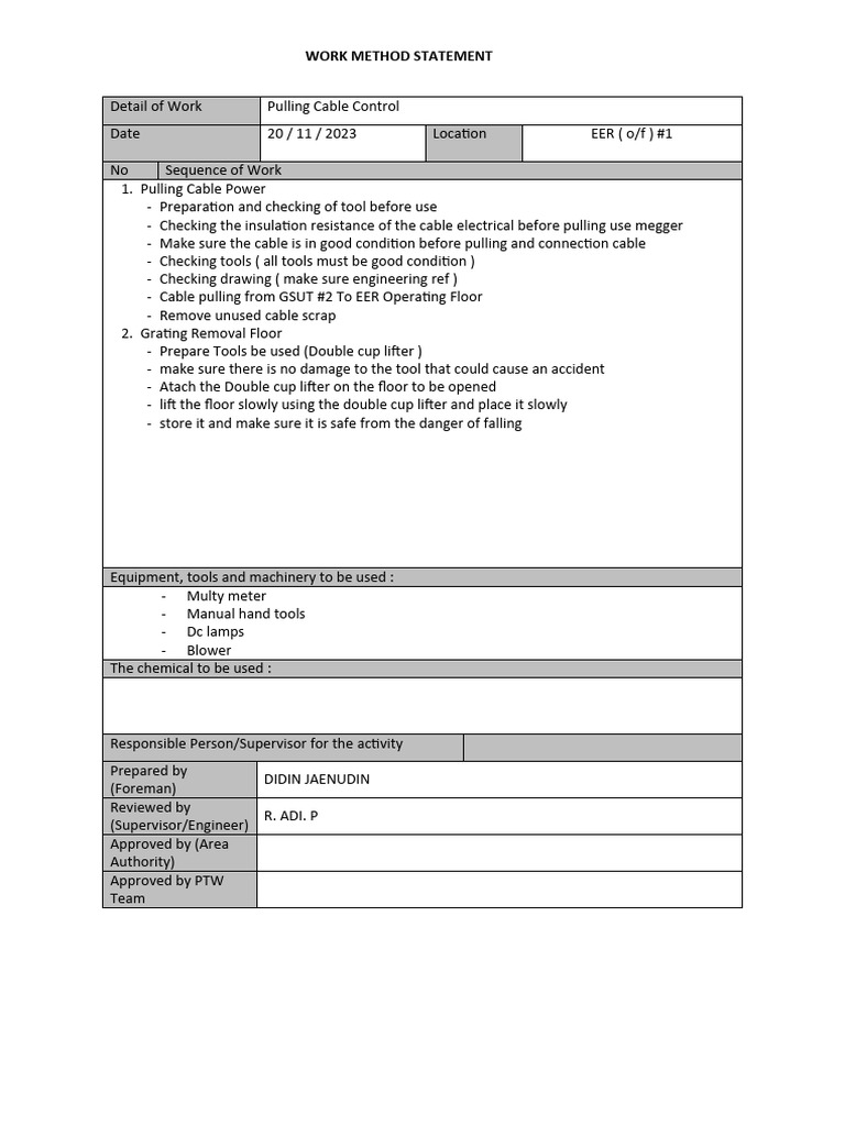 Work Method Statement Pulling Cable (GR) | PDF