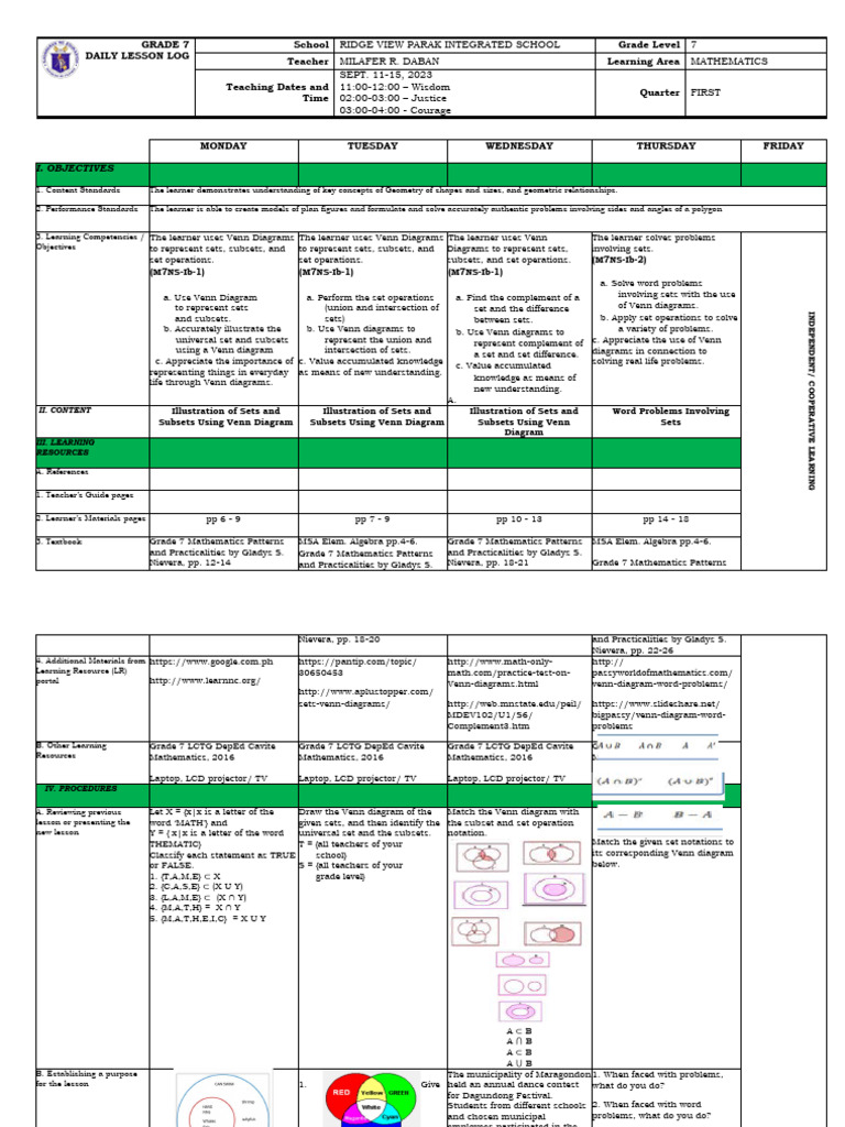 DLLmath 7 Q1 Week 3 | PDF | Set (Mathematics) | Mathematics
