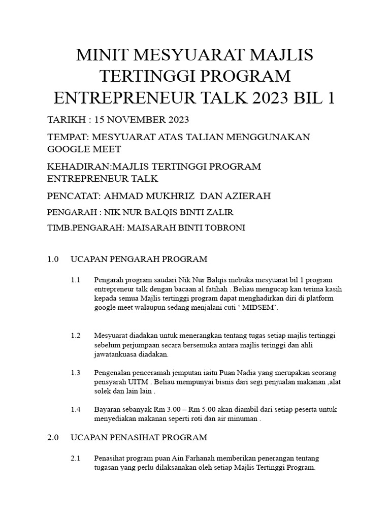 Minit Mesyuarat Majlis Tertinggi Program Entrepreneur Talk 2023 Bil 1 | PDF