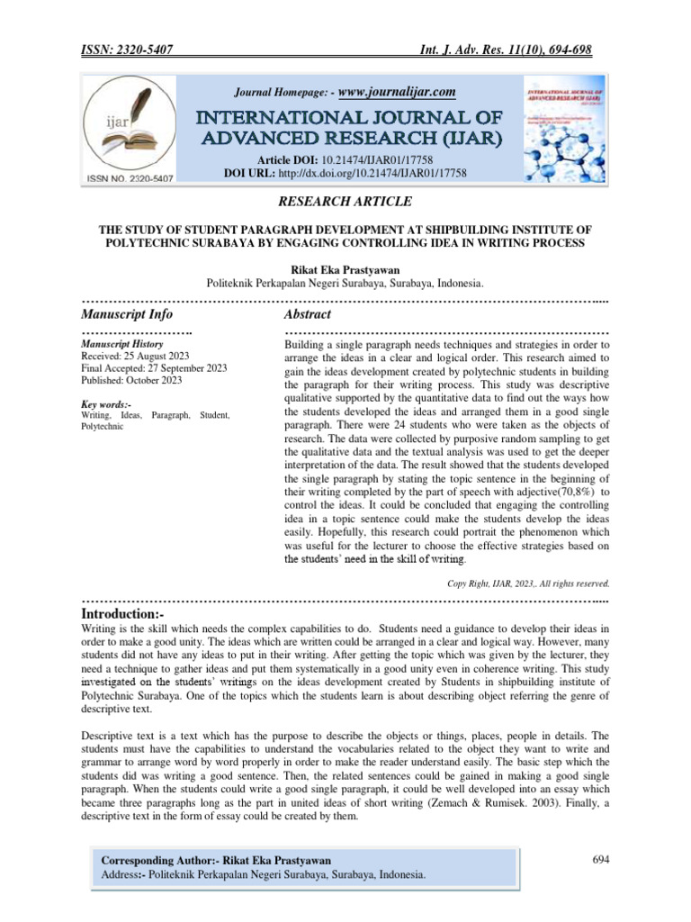 THE STUDY OF STUDENT PARAGRAPH DEVELOPMENT AT SHIPBUILDING INSTITUTE OF ...