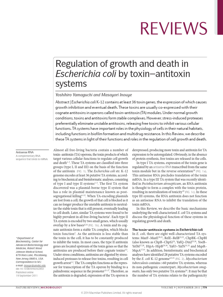 Regulation of Growth and Death in Escherichia Coli by Toxin-Antitoxin ...