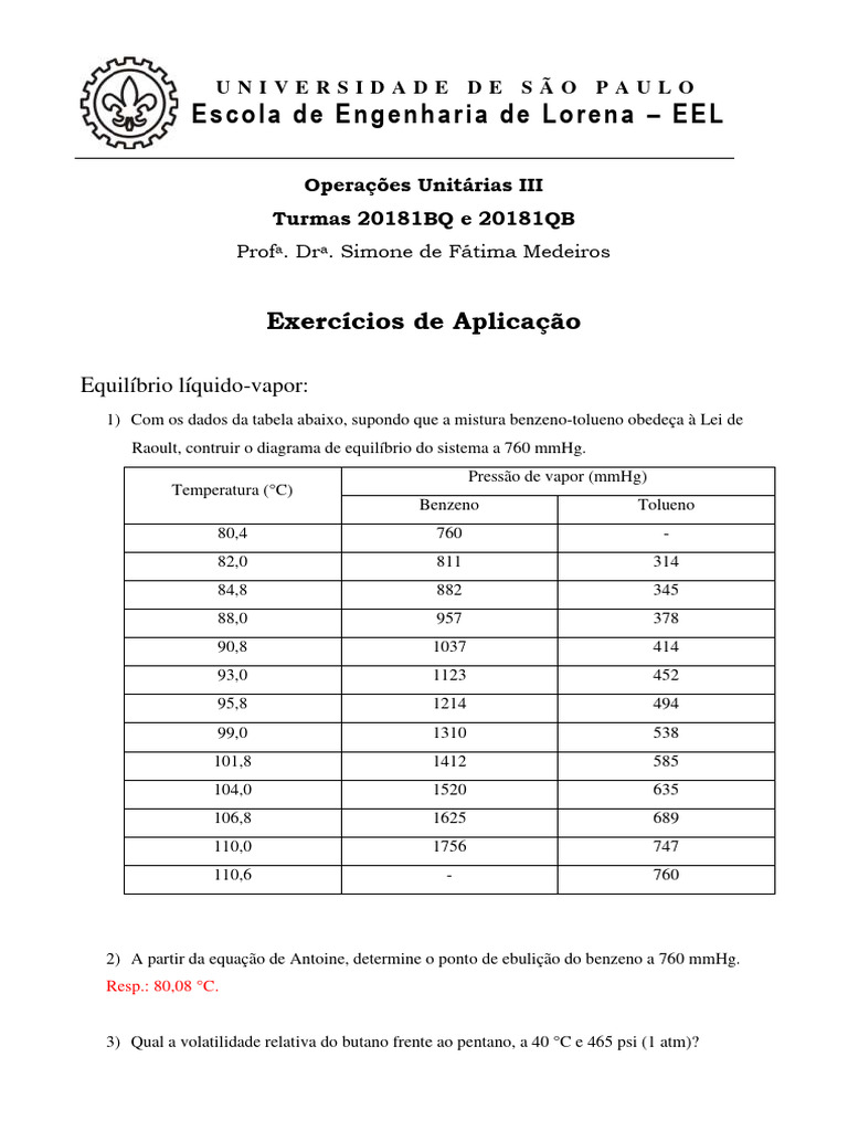 OP2 - Base-Primeira Lista Exercícios USP | PDF | Química | Física Aplicada e Interdisciplinar
