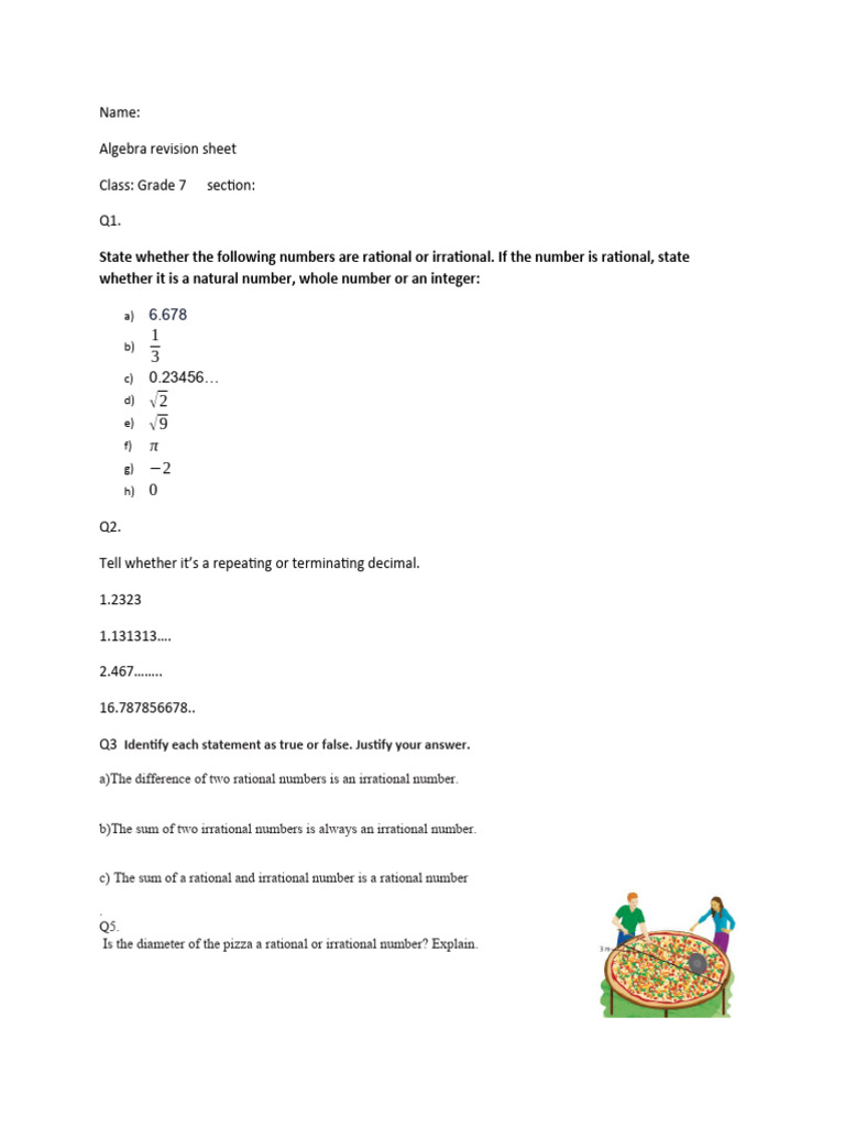 1st Term Revision Sheet Algebra | PDF | Numbers | Rational Number