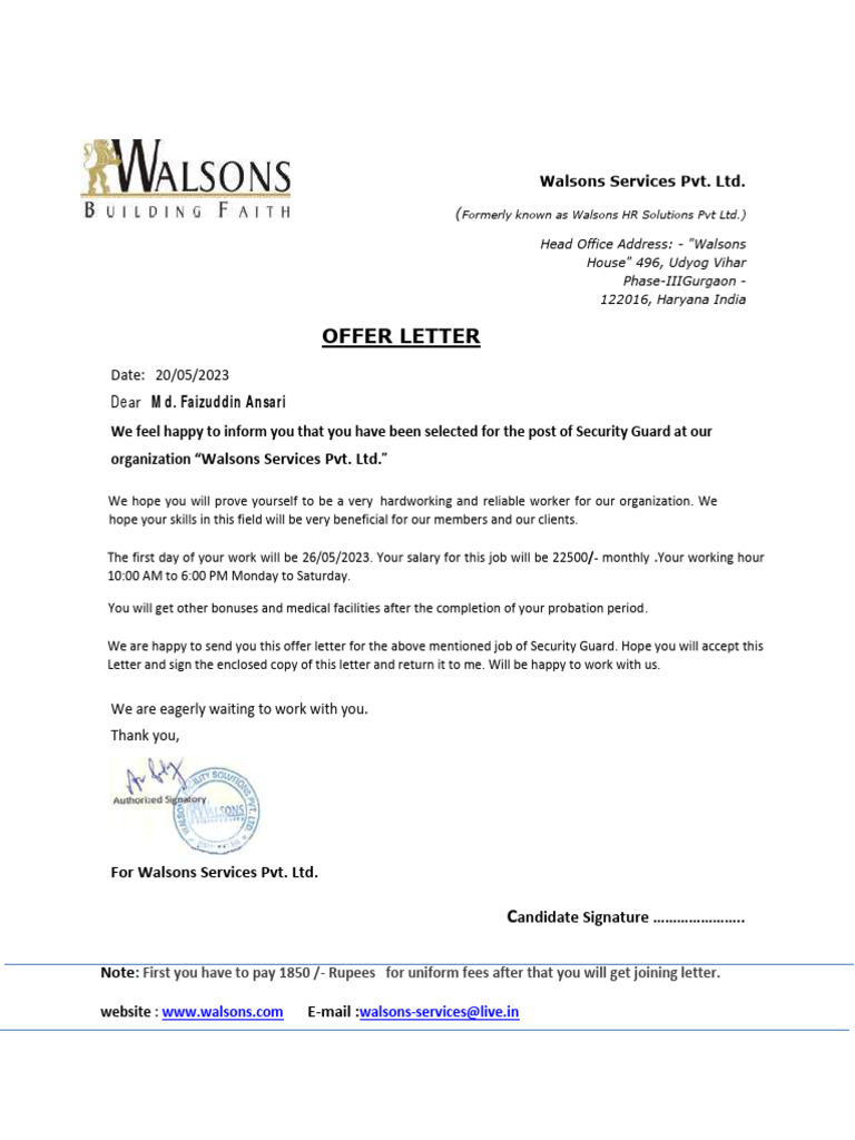 Security Guard Offer Letter - Walsons | PDF