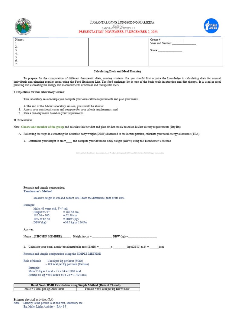NutLab 5 Calculating Diets and Meal Planning | PDF | Calorie ...