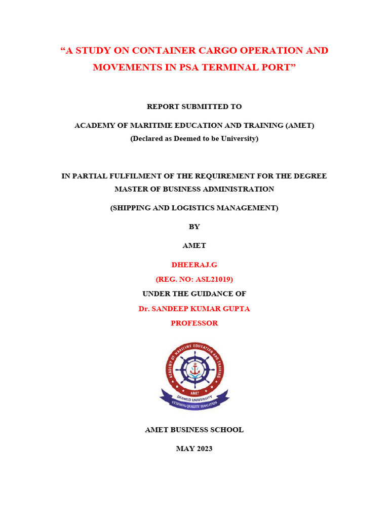 A STUDY ON CONTAINER CARGO OPERATION AND MOVEMENTS IN PSA TERMINAL PORT (With Table of Contents ...
