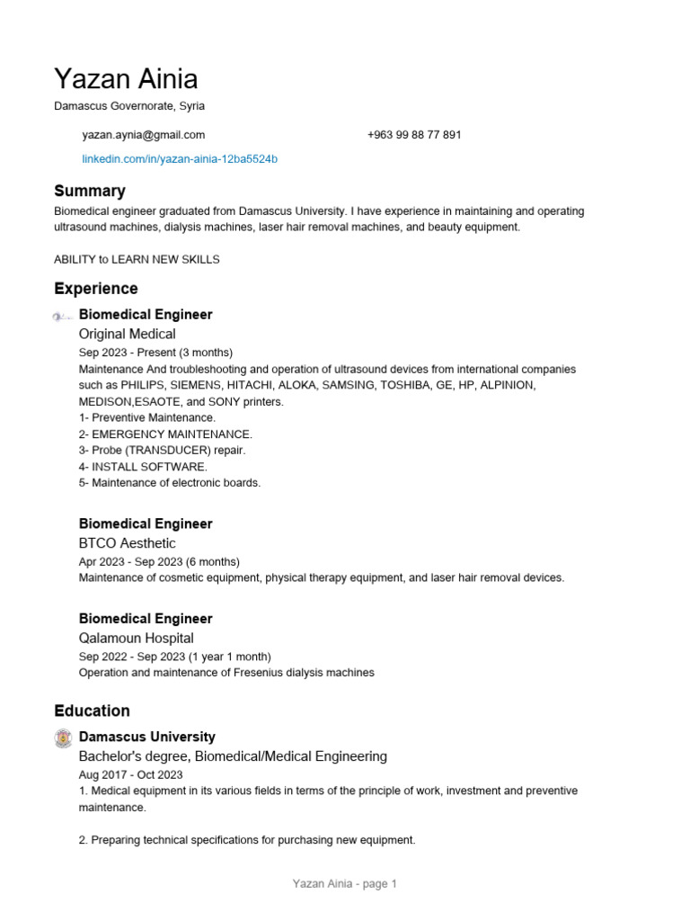 Resume Yazan Ainia | PDF | Biomedical Engineering | Engineering