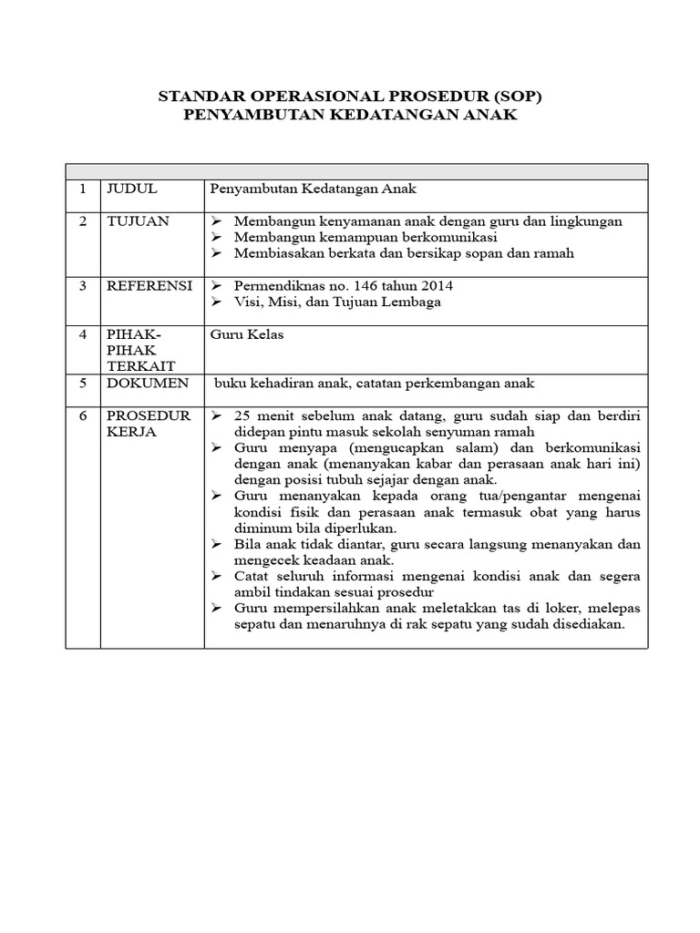 Standar Operasional Prosedur (Sop) Penyambutan Kedatangan Anak | PDF