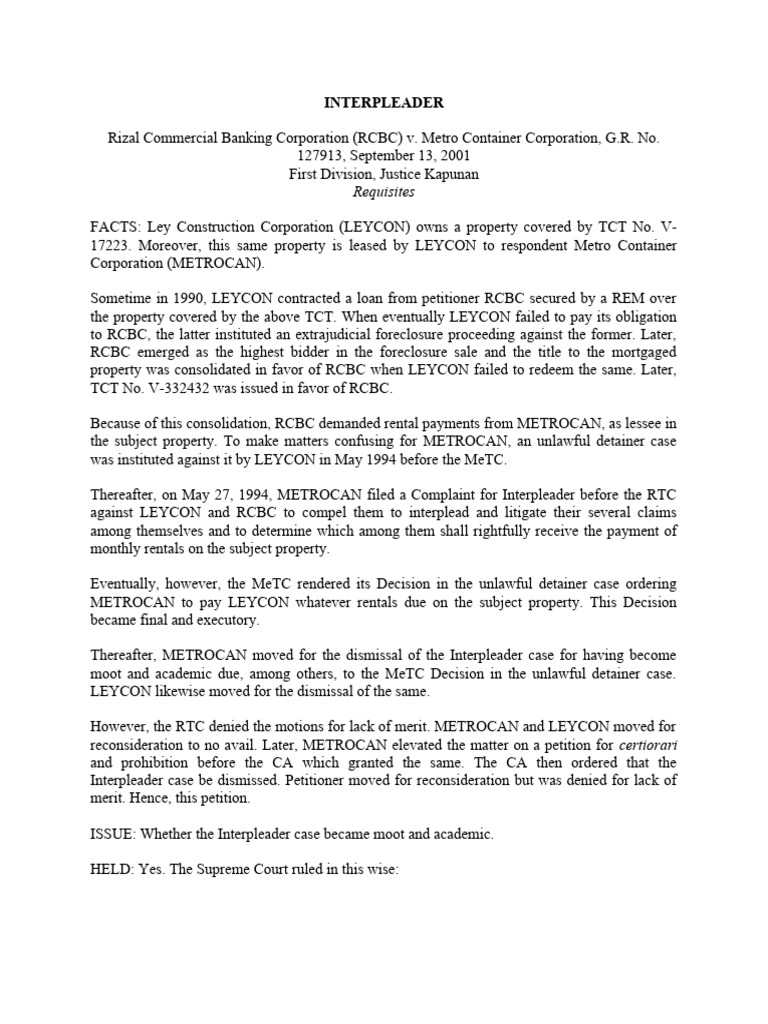 INTERPLEADER | PDF | Lawsuit | Complaint