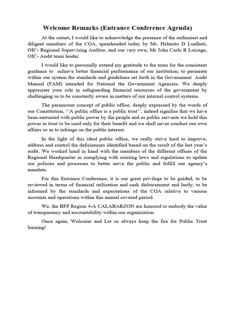 Welcome RemarksWelcome Remarks (Entrance Conference Agenda) 2023 | PDF