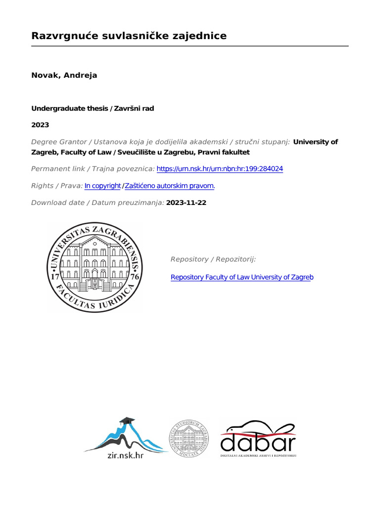 Razvrgnuce Suvlasnicke Zajednice - Zavrsni Rad - Andreja Novak | PDF