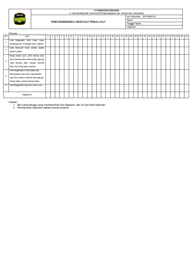 Gk-Fssop-23 Form Kebersihan Mesin Dan Peralatan | PDF