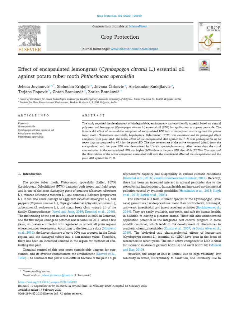 Effect of Encapsulated Lemongrass (Cymbopogon Citratus L.) Essential Oil | PDF