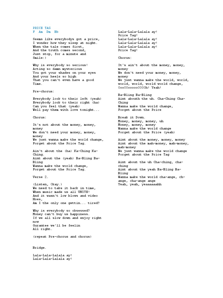 Price Tag Lyrics and Chords | PDF | Song Structure | Elements Of Music