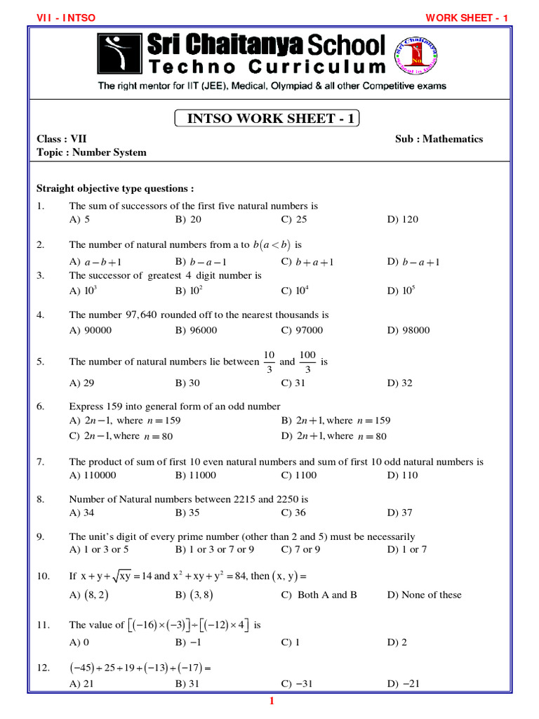 7 - Class INTSO Work Sheet - 1 - Number System | PDF | Numbers | Natural Number