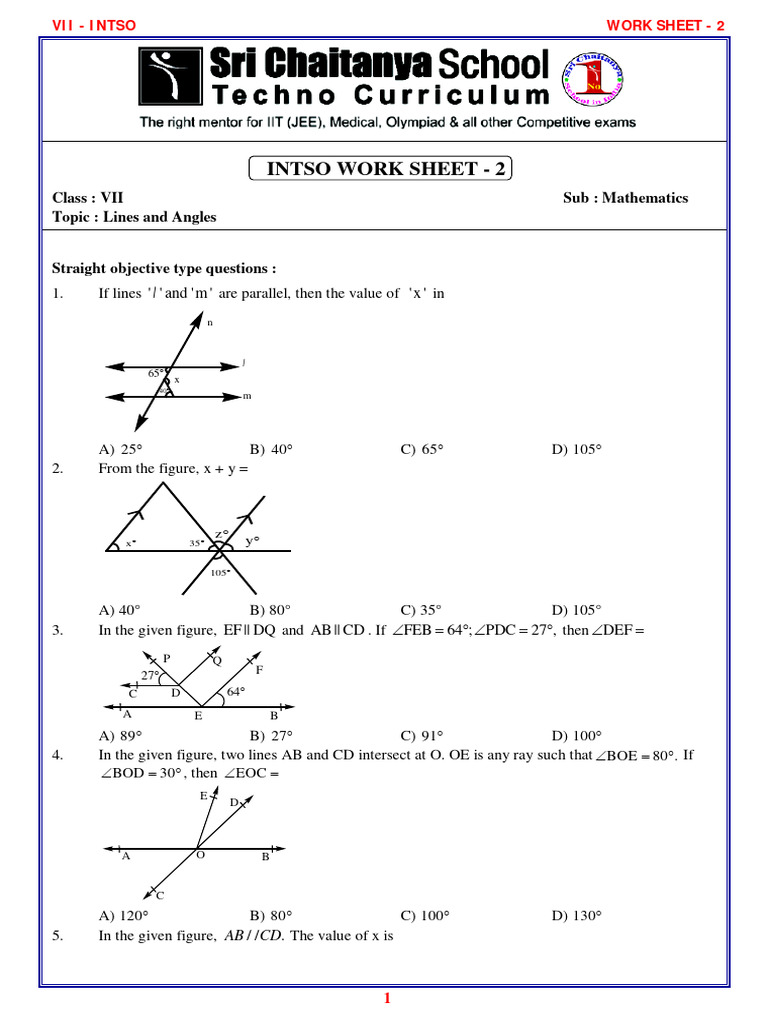 7 - Class INTSO Work Sheet - 2 - Lines and Angles | PDF | Triangle ...