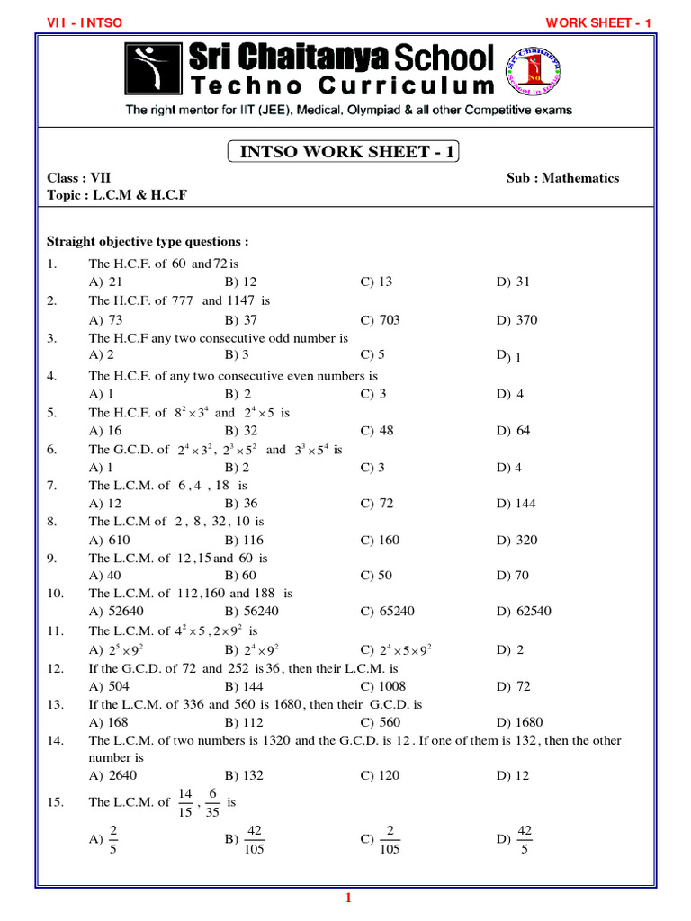 7 - Class INTSO Work Sheet - 1 - L.C.M & H.C.F | PDF | Mathematics | Numbers