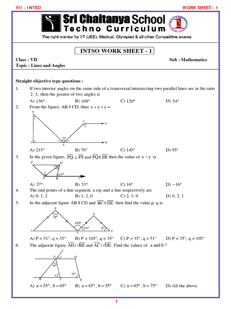 7 - Class INTSO Work Sheet - 1 - Lines and Angles | PDF | Angle ...