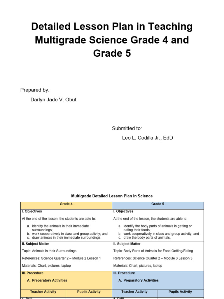 Detailed Lesson Plan in Teaching Multigrade Science Grade 4 and Grade 5 ...