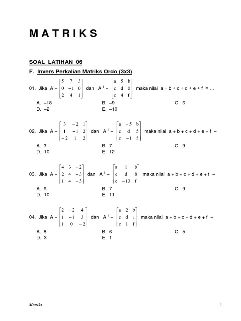 Latihan Invers Matriks 3x3 | PDF
