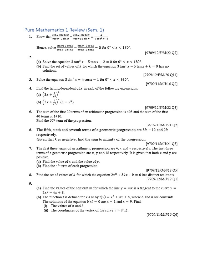 Pure Mathematics 1 Review | Download Free PDF | Mathematics