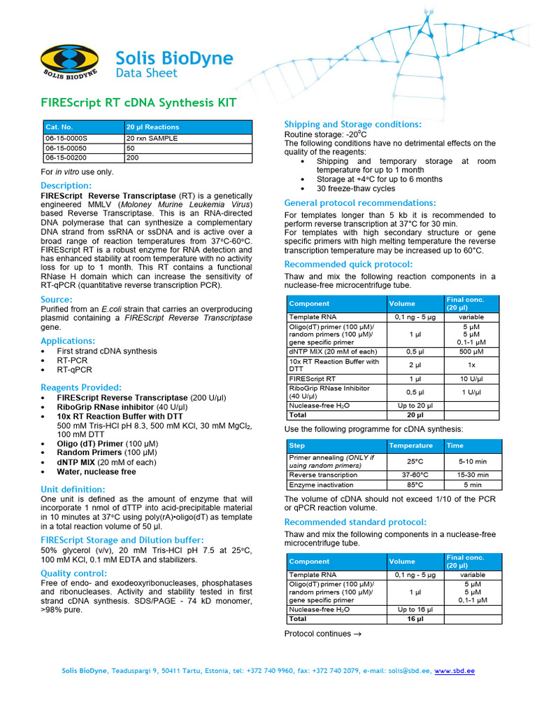 FIREScript RT cDNA Synthesis Kit | PDF | Reverse Transcriptase ...
