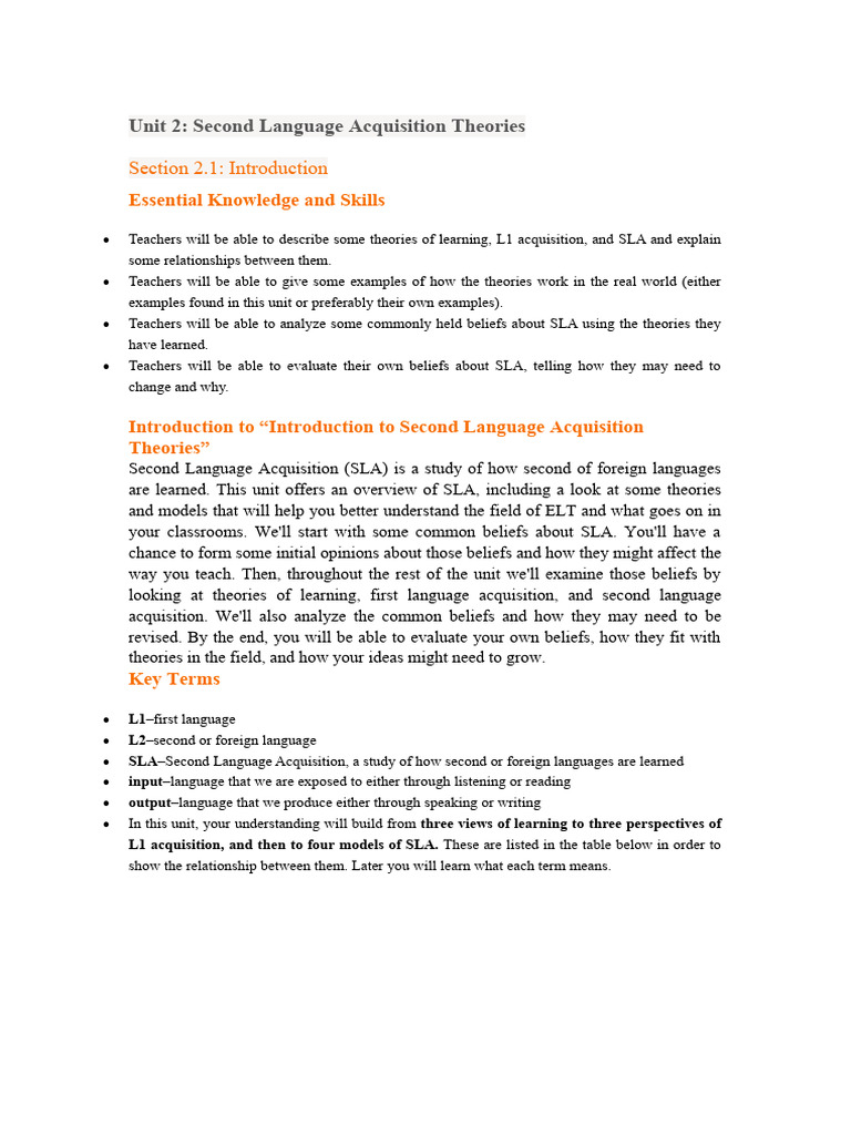 NOTE Unit 2 Second Language Acquisition Theories | PDF | Second ...