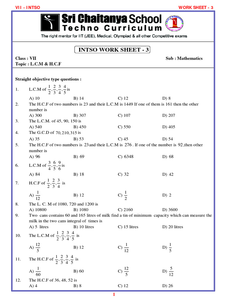 7 - Class INTSO Work Sheet - 3 - L.C.M & H.C.F | PDF