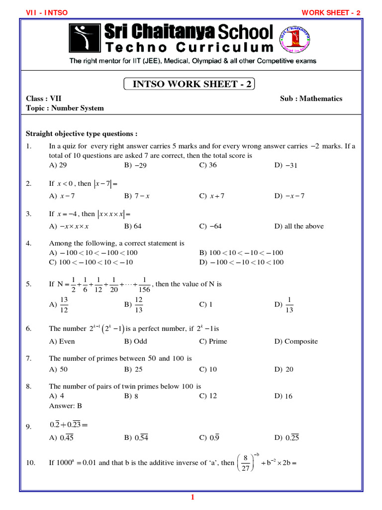 7 - Class INTSO Work Sheet - 2 - Number System | PDF | Numbers | Mathematics