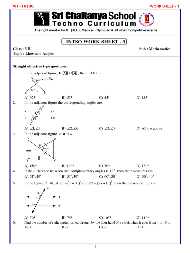 7 - Class INTSO Work Sheet - 3 - Lines and Angles | PDF | Angle ...