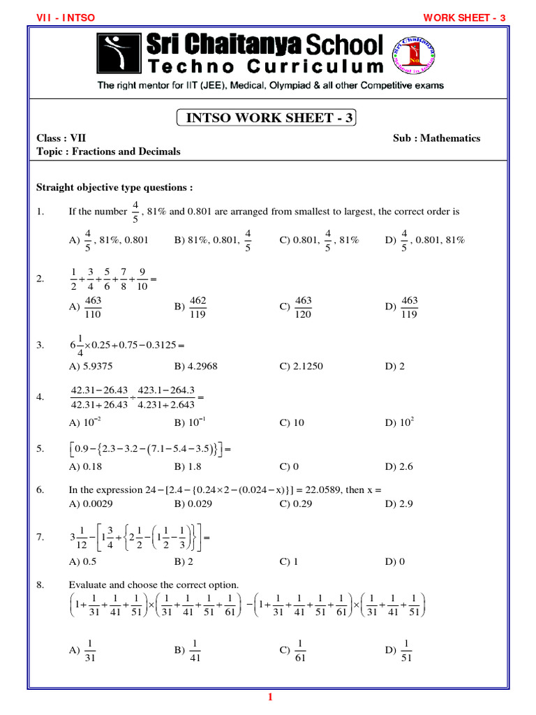 7 - Class INTSO Work Sheet - 3 - Fractions and Decimals | PDF | Decimal ...