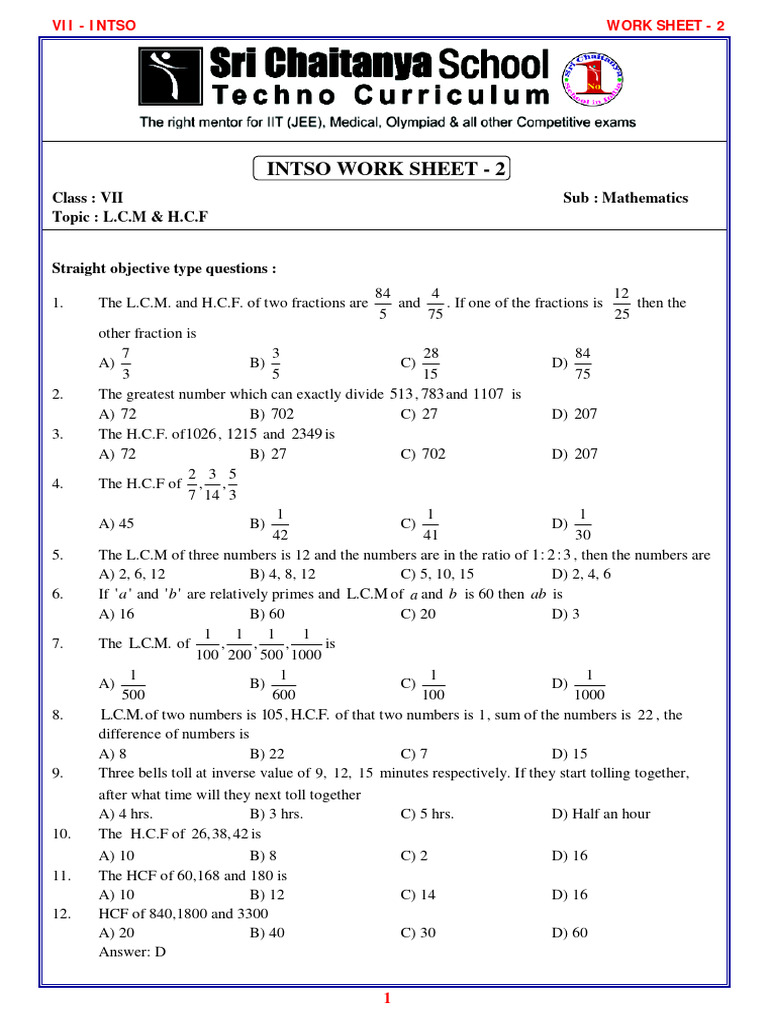 7 - Class INTSO Work Sheet - 2 - L.C.M & H.C.F | PDF | Number Theory ...