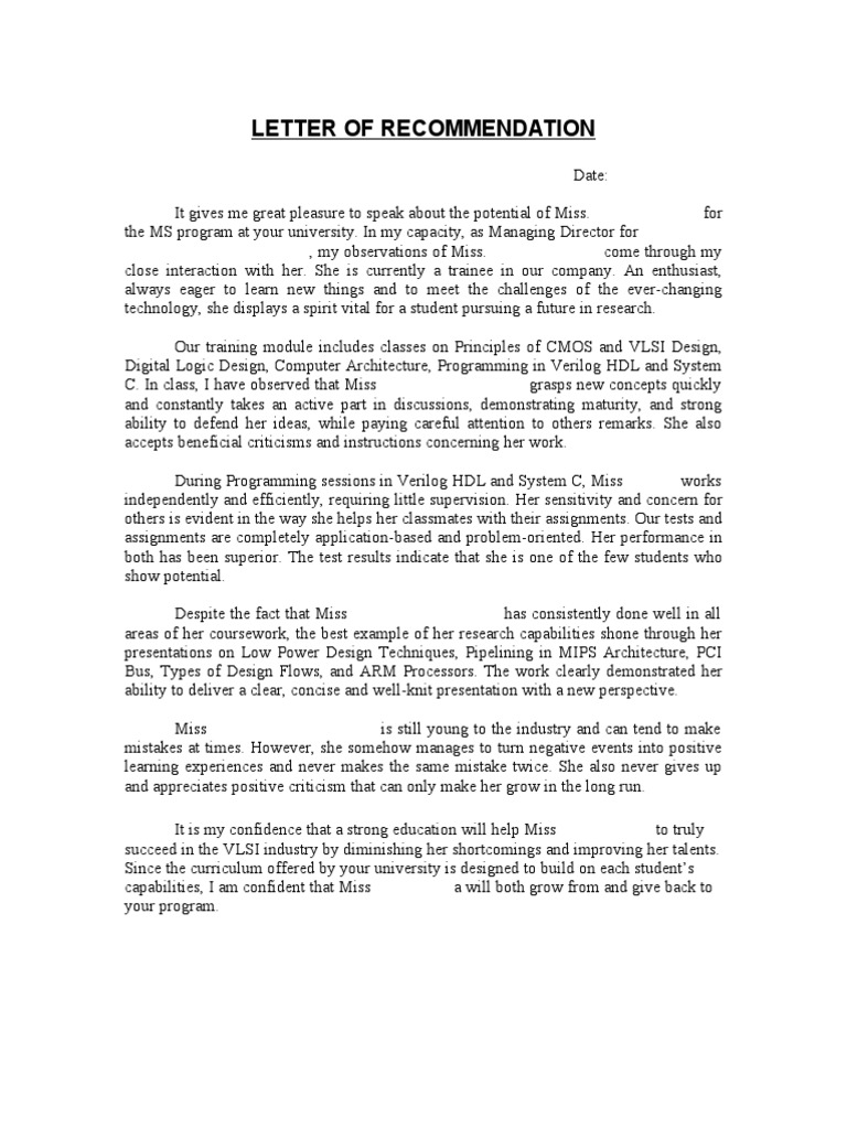 Letter of Recommendation For Ms Program | PDF