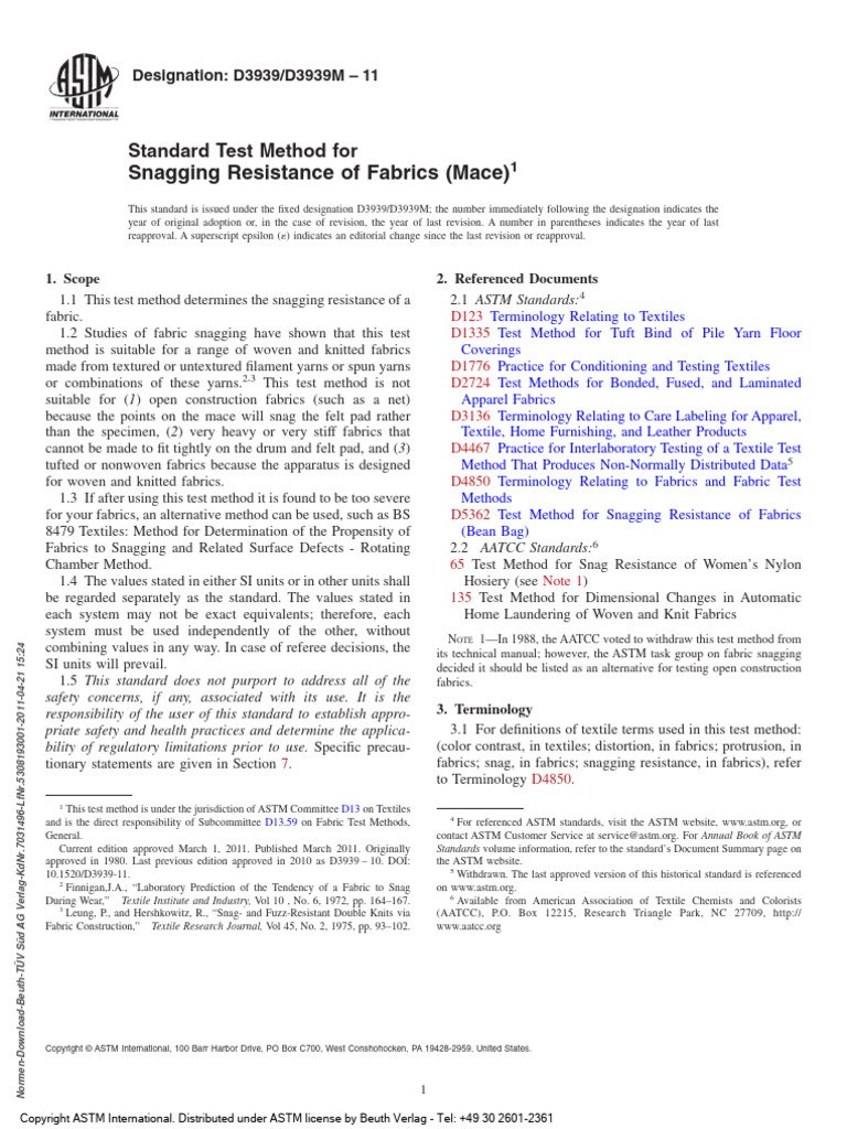 Snagging Resistance of Fabrics (Mace) : Standard Test Method For | PDF ...
