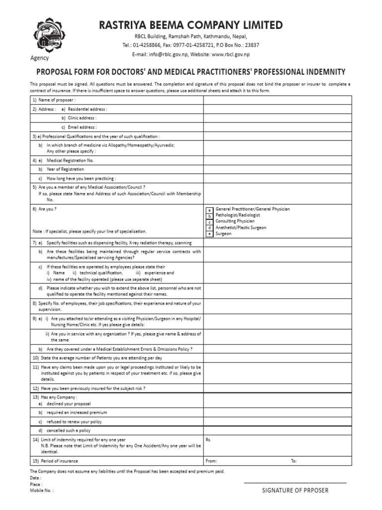 Personal Form For Professional Indemnity | PDF | Physician | Insurance