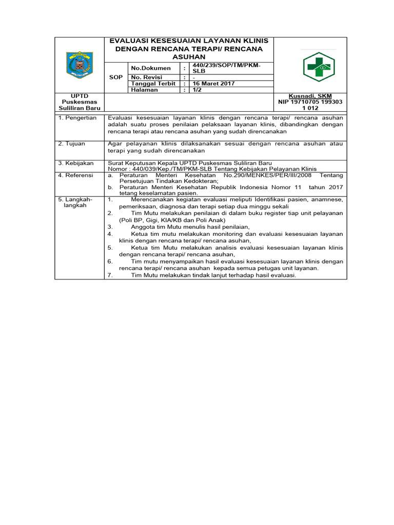 7.4.1.3 Sop Evaluasi Kesesuaian Layanan Klinis Dengan Rencana Terapi Rencana Asuhan | PDF ...