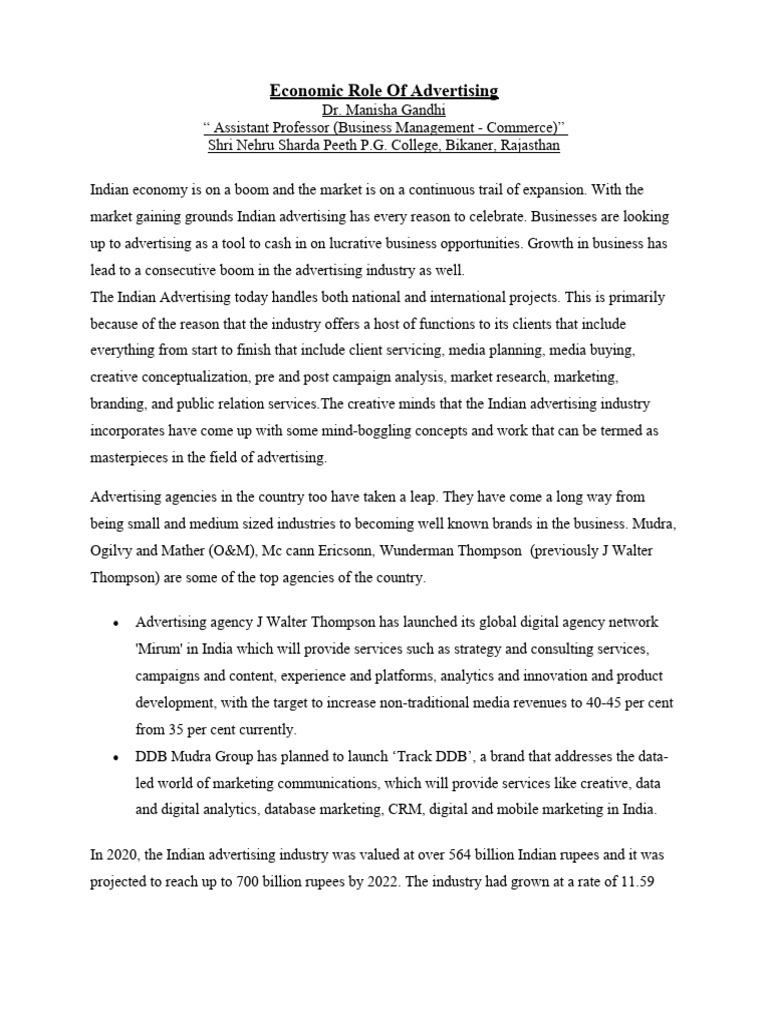 Economic Role of Advertising | PDF | Advertising | Brand