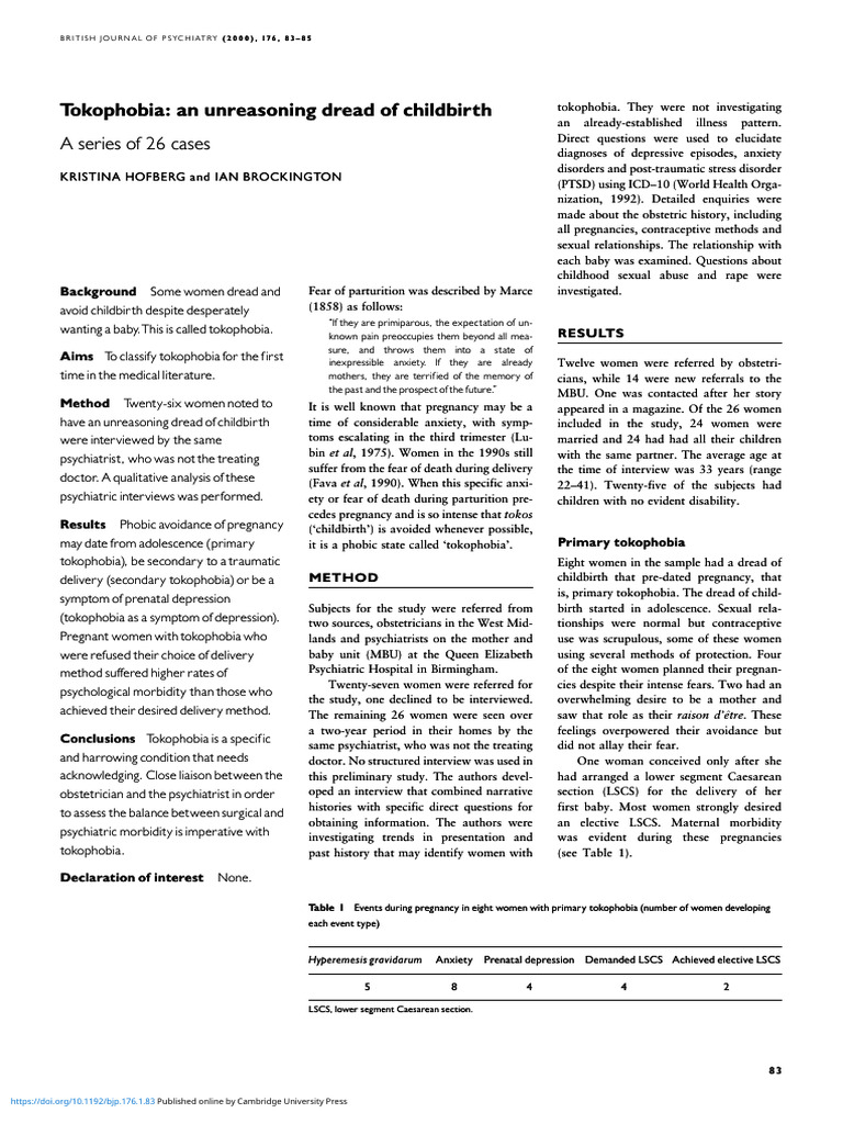 Tokophobia An Unreasoning Dread of Childbirth A Series of 26 Cases ...