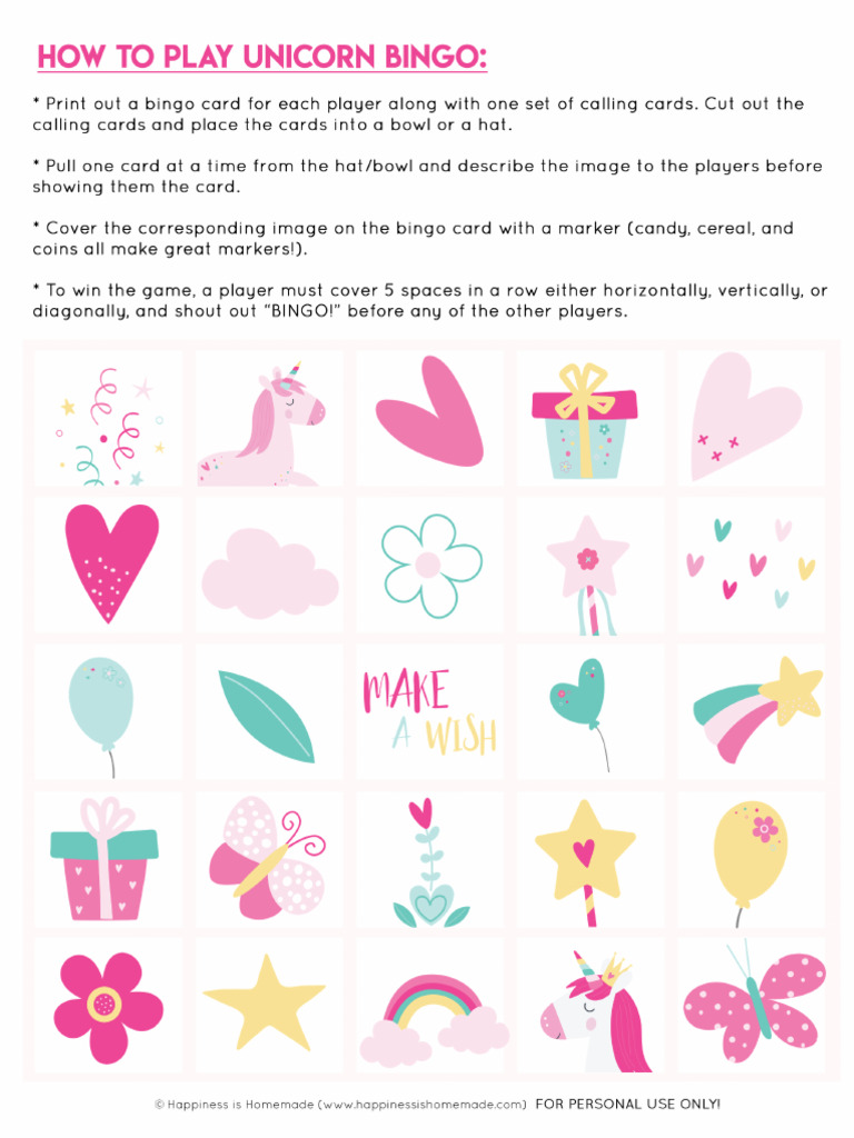 HIH Unicorn Bingo Game | PDF