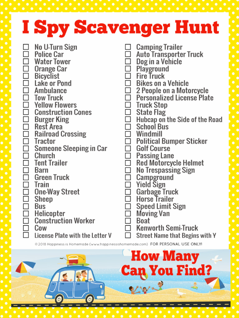 Road Trip Games - Road Trip I Spy Scavenger Hunt Printable Game 2 | PDF