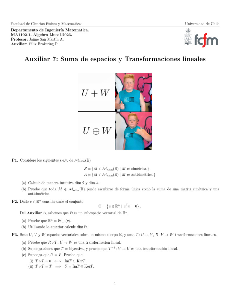 Auxiliar 7 Suma de Espacios y Transformaciones Lineales | PDF | Mapa lineal | Funciones y mapeos
